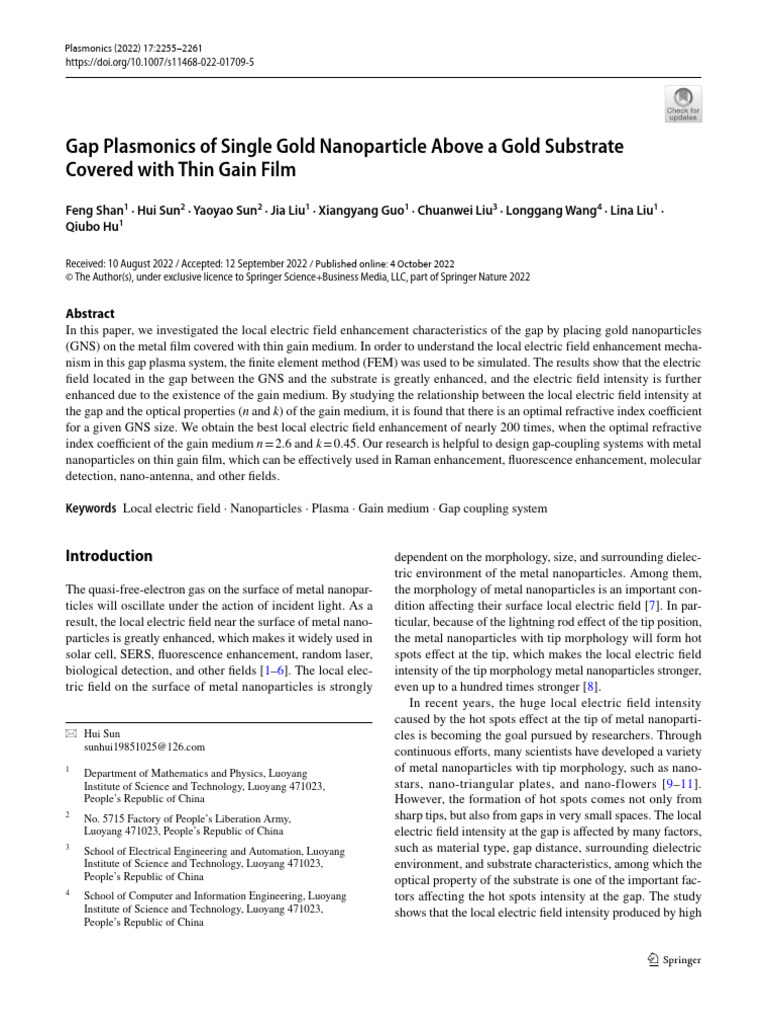 Gap Plasmonics in Gold Nanoparticles | PDF | Nanoparticle | Refractive ...