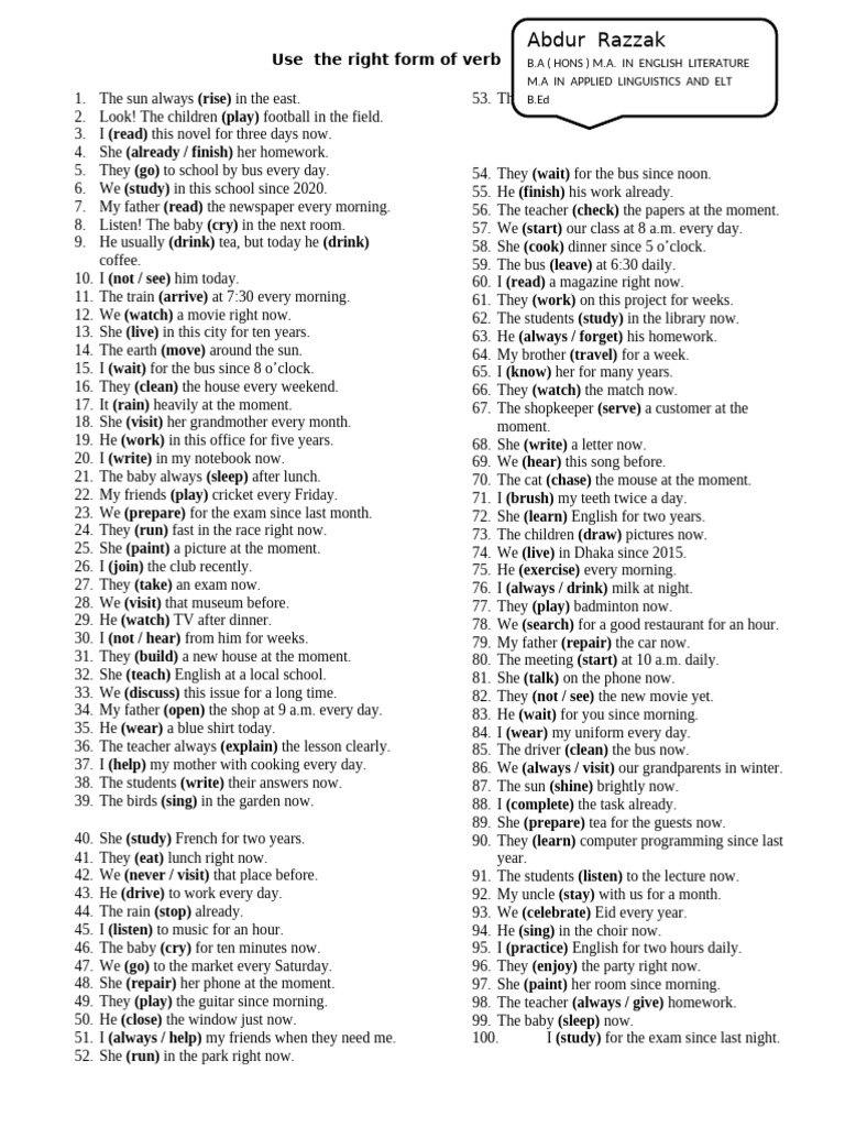 Verb Form Exercises for Students | PDF