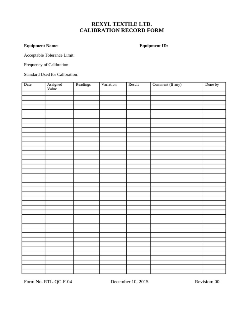 RTL QC F 04 Calibration Record Form | PDF