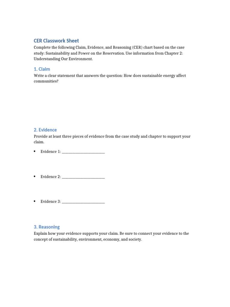 CER Classwork Sheet | PDF