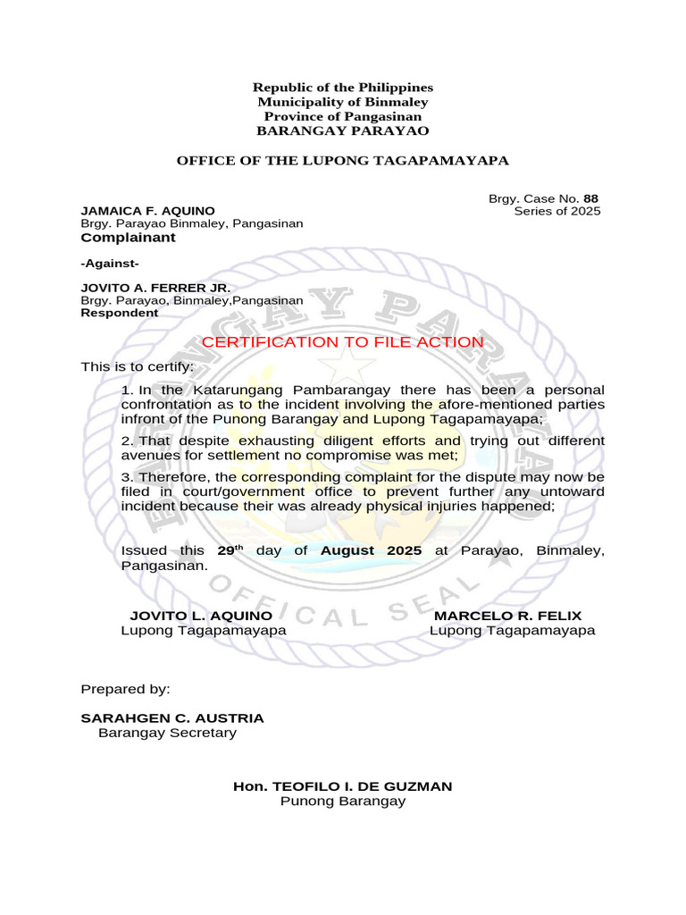 Certification To File Action | PDF
