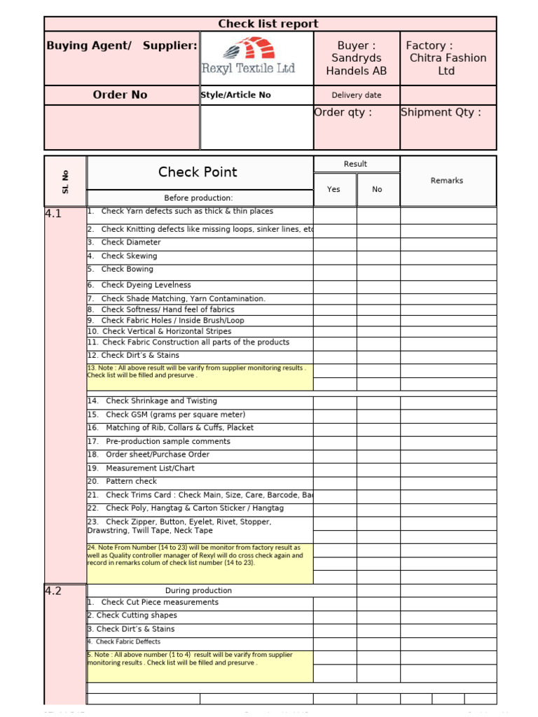 RTL QC F 07 Quality Check List | PDF | Knitting | Textile Arts