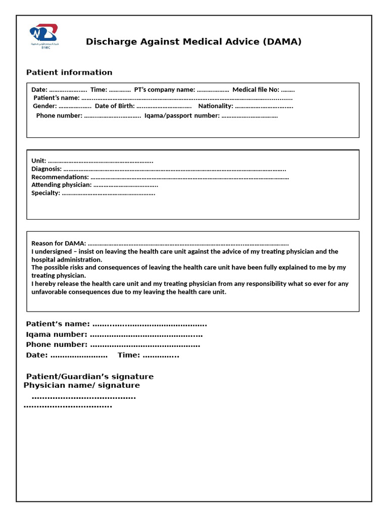 Discharge Against Medical Advice Form | PDF
