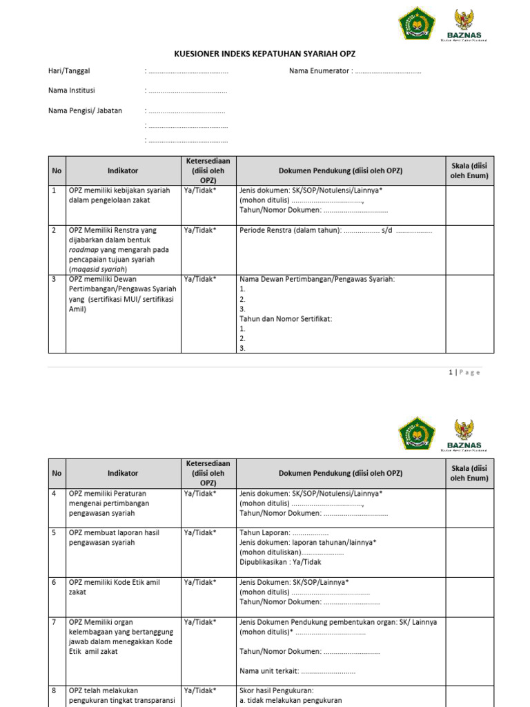 KUESIONER INDEKS KEPATUHAN SYARIAH OPZ | PDF