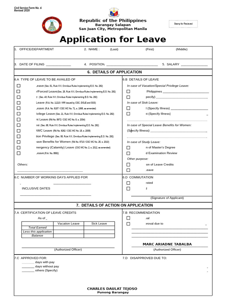 CS Form No. 6, Revised 2020 (Application for Leave) (Fillable) (1 ...