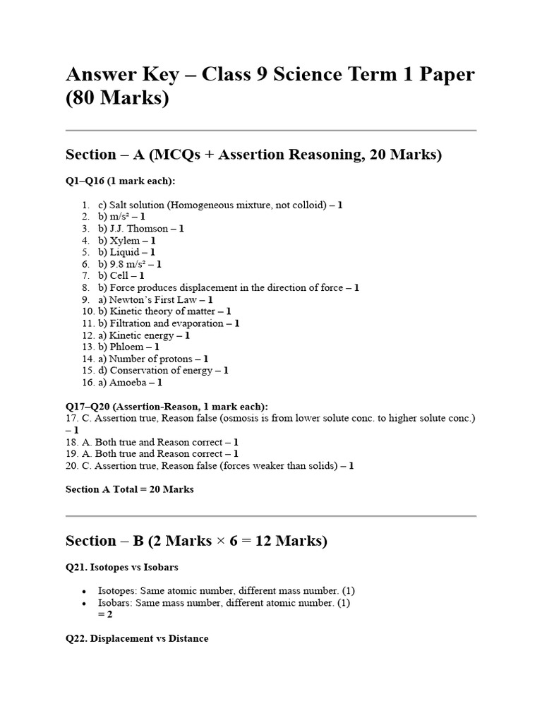 Class 9 SEP TEST 1 Answer Key | PDF | Physics | Physical Sciences