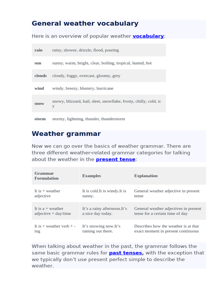 Essential Weather Vocabulary & Grammar | PDF | Weather | Rain