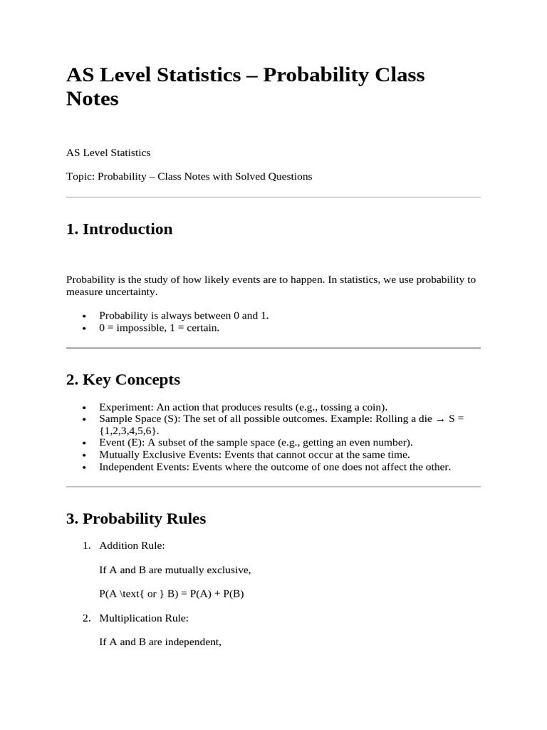 AS Level Statistics: Probability Notes | PDF