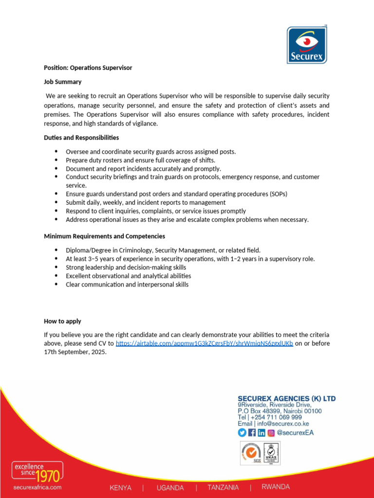 Operations Supervisor Job Description | PDF