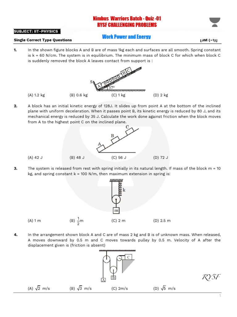 WORK POWER ENERGY QUIZ - 01 and 02 SC 1 | PDF | Force | Tension (Physics)