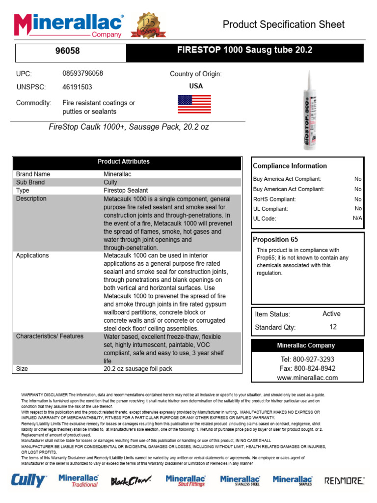 Minerallac 96058 Specsheet | PDF | Legal Liability | Implied Warranty