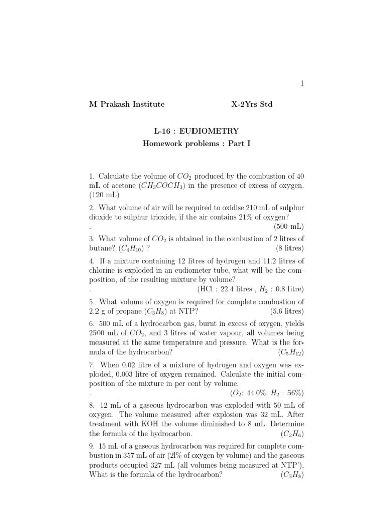 MPI STD X L16 Eudiometry HW Problems | PDF | Gases | Oxygen
