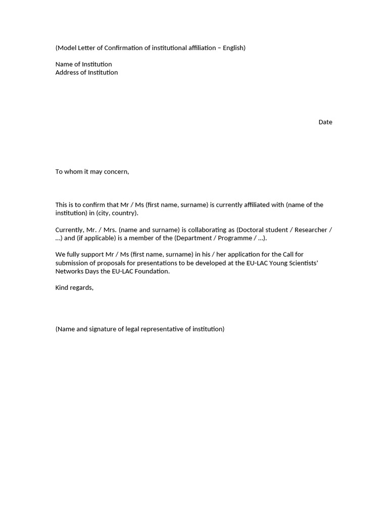 Model Letter Confirmation Inst - Affiliation en | PDF