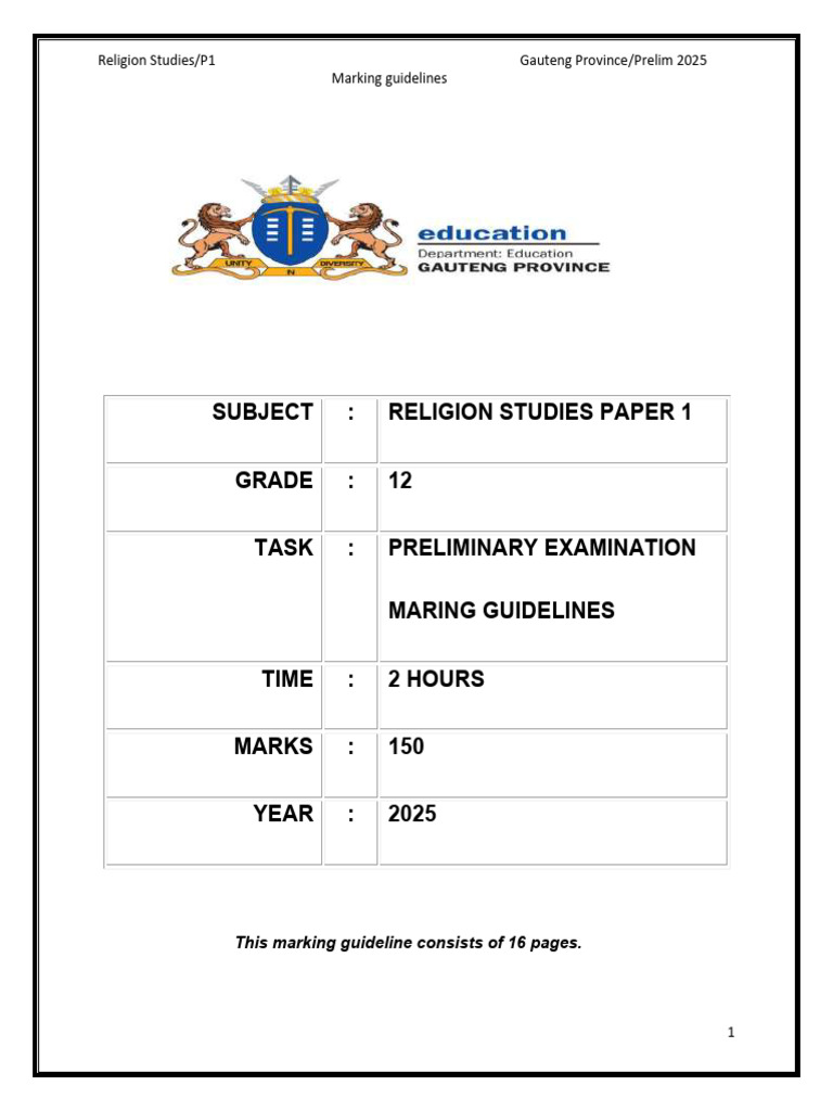 Grade 12 Religion Studies Prelim 2025 Guidelines | PDF | Noble ...