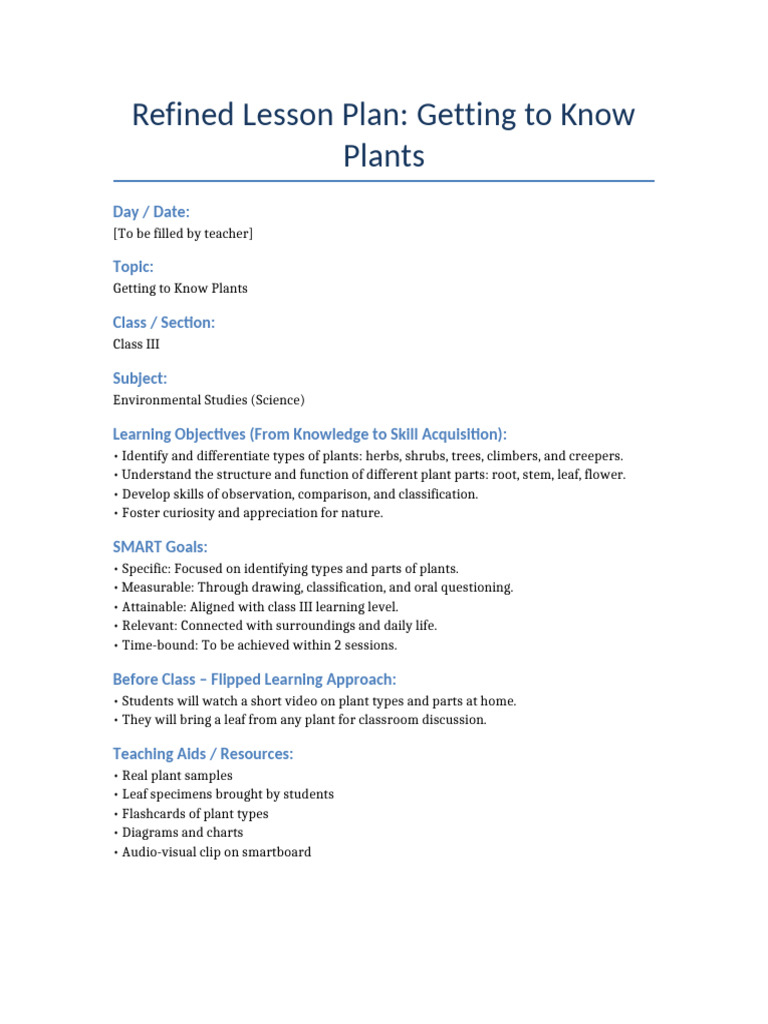 Class 3 Lesson Plan: Getting to Know Plants | PDF | Learning | Lesson Plan