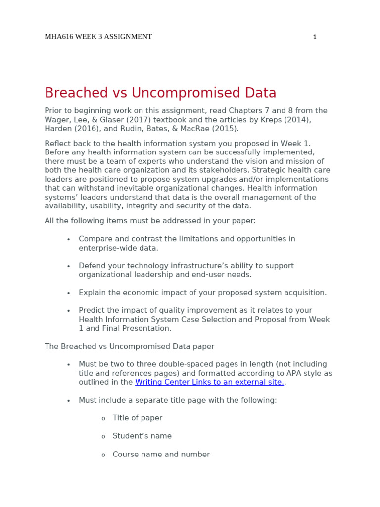 MHA616 Week 3 Assignment-Breached Vs Uncompromised Data - Edited | PDF ...