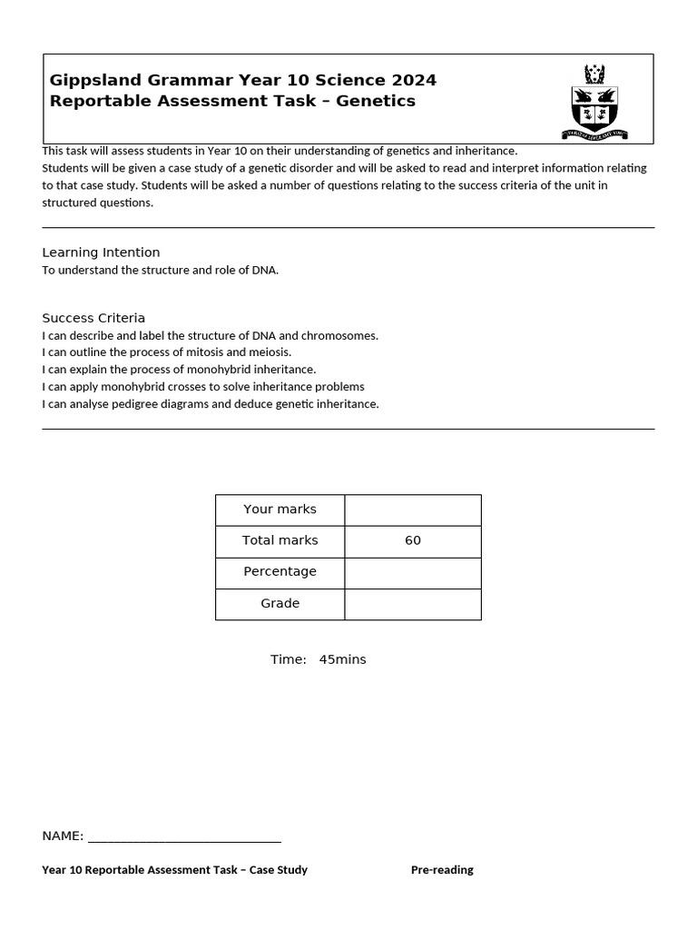 Year 10 Genetics Case Study Practice RAT | PDF | Genotype | Dominance ...