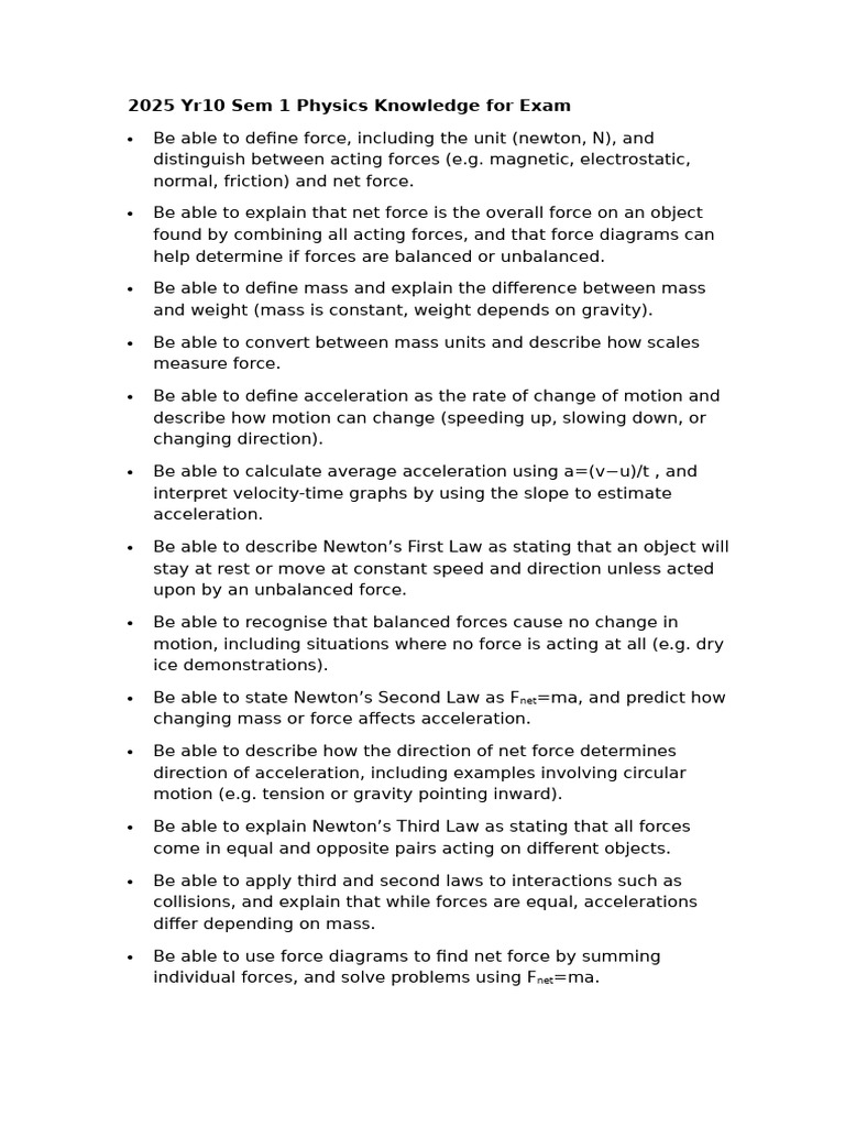 2025 Yr10 Sem 1 Physics Knowledge For Exam | PDF