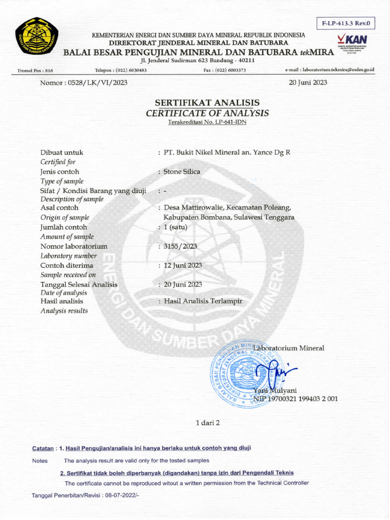 PT. Bukit Nikel Mineral An. Yance DG R 3155 LK 2023-1 | PDF