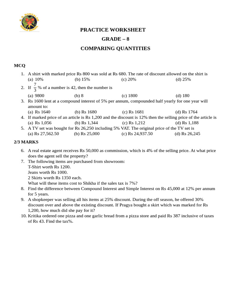 Practice Worksheet of Comparing Quantities | PDF