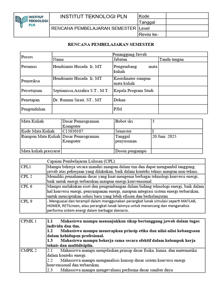 Rps Obe c15030107 Rps Dasar Pemrograman Komputer | PDF