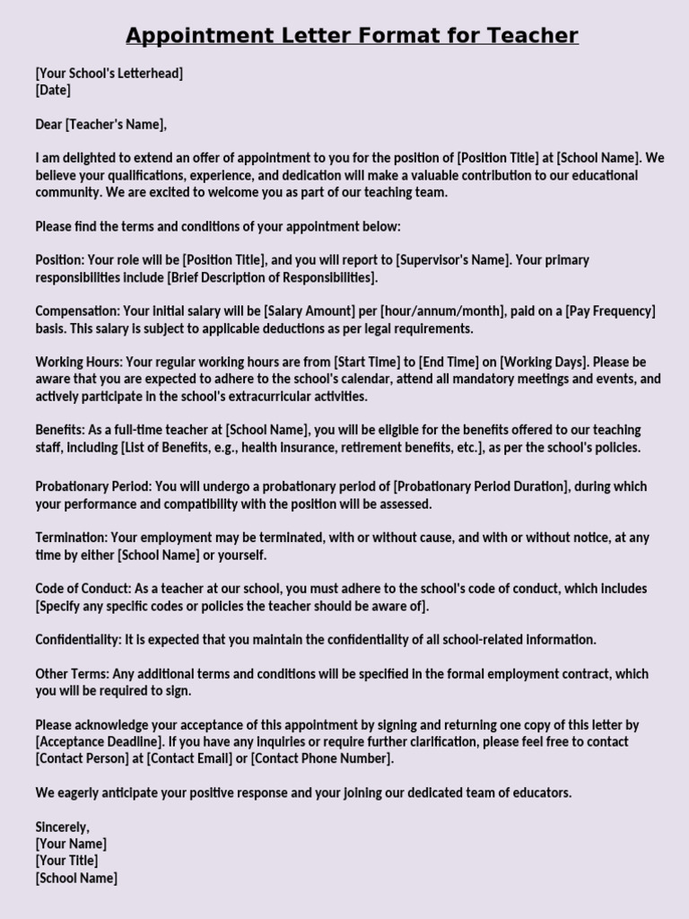 Teacher Appointment Letter Template | PDF | Teachers | Salary