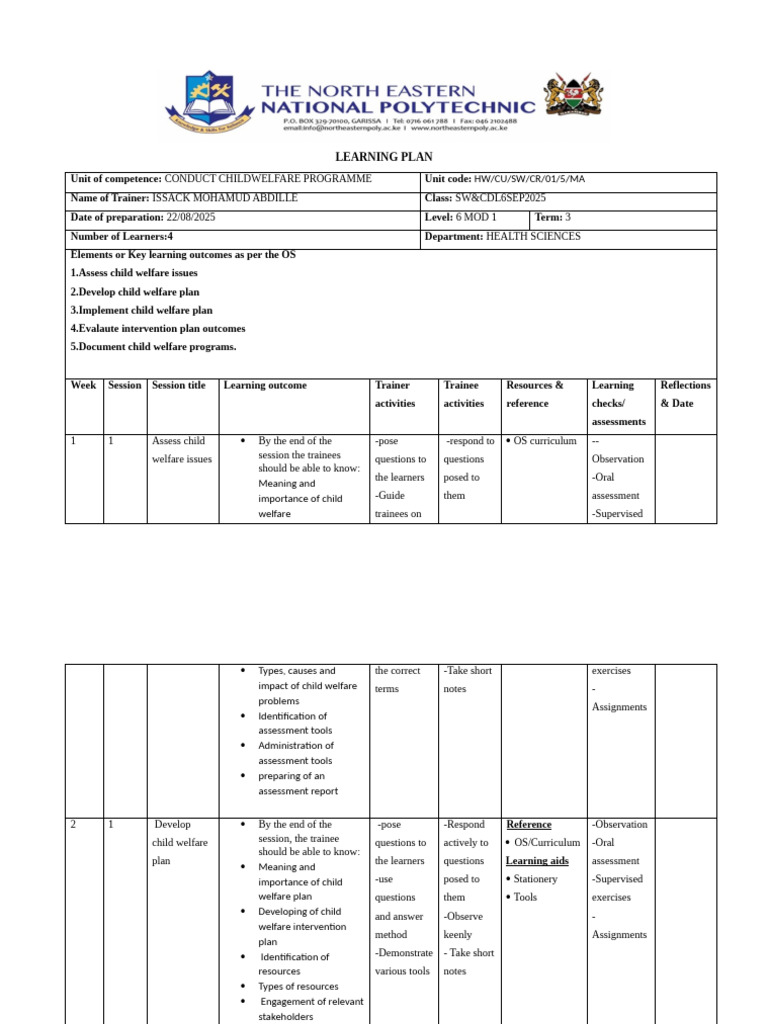 Child Welfare Program Learning Plan | PDF | Curriculum | Learning