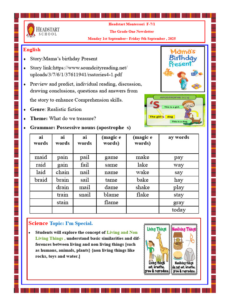 Grade 1 Mamas Birthday (Week 1) Sep, 2025 | PDF