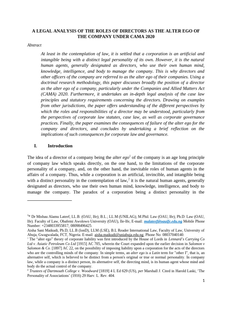 Directors as Alter Ego Under CAMA 2020 | PDF | Board Of Directors ...