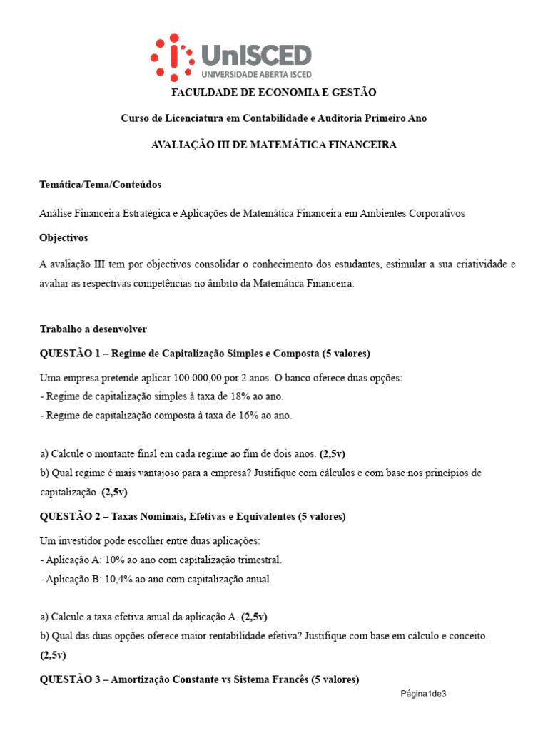 Avaliacao III MF-2025 | PDF | Juros | Valor Presente líquido
