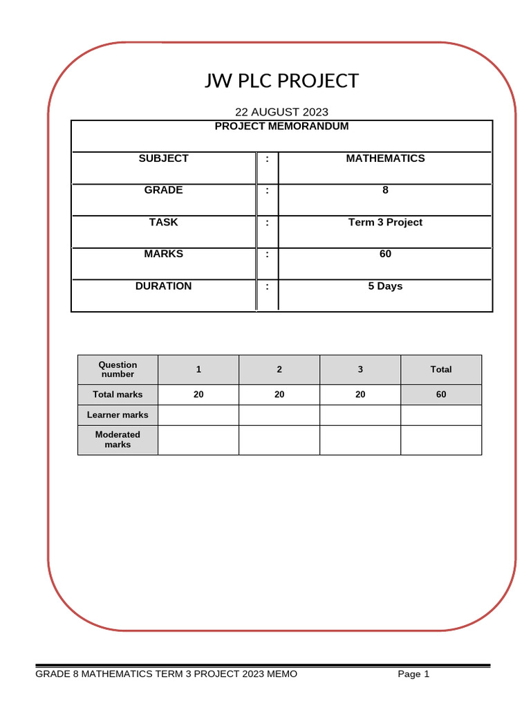 Grade 8 Term 3 Maths Project Memo | PDF | Geometry | Elementary Geometry