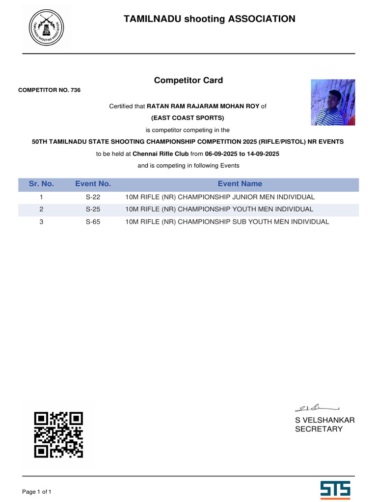 Competitor Card for Tamilnadu Shooting 2025 | PDF