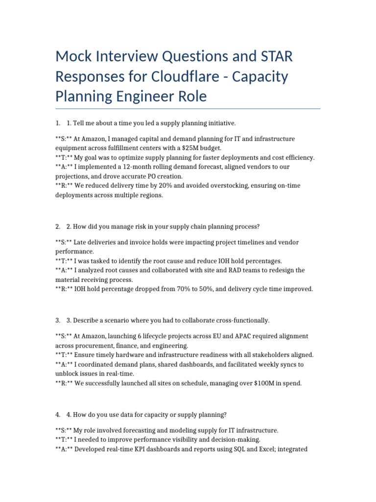 Cloudflare Capacity Planning Interview STAR QA | PDF | Procurement | Supply Chain