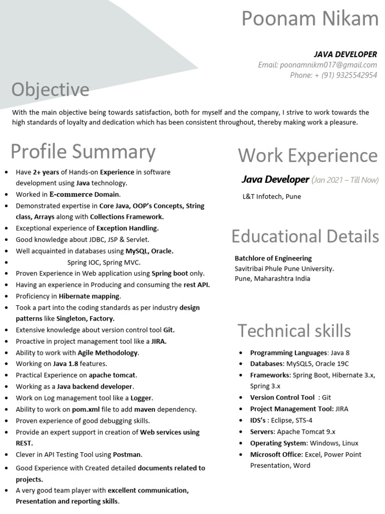 Poonam Nikam - JAVA Resume | PDF | Java (Programming Language) | Spring ...