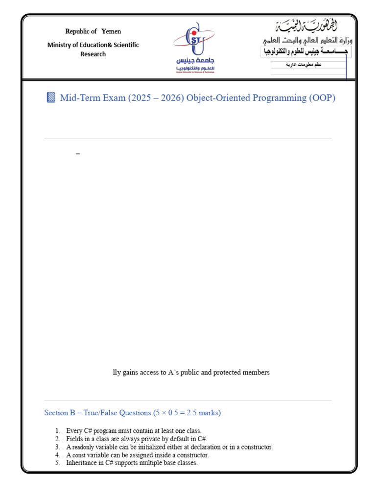 OOP MidTerm Exam 2025-2026 2nd - 091241 | PDF | Class (Computer Programming) | Method (Computer ...