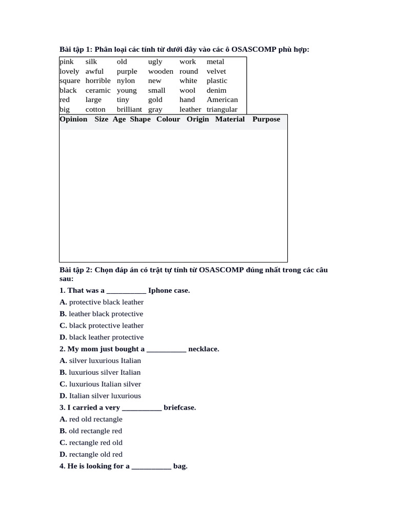 OSASCOMP Adjective Order Exercises | PDF