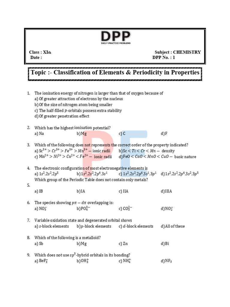 Chemistry DPP: Ionization & Periodicity | PDF | Periodic Table | Atomic ...