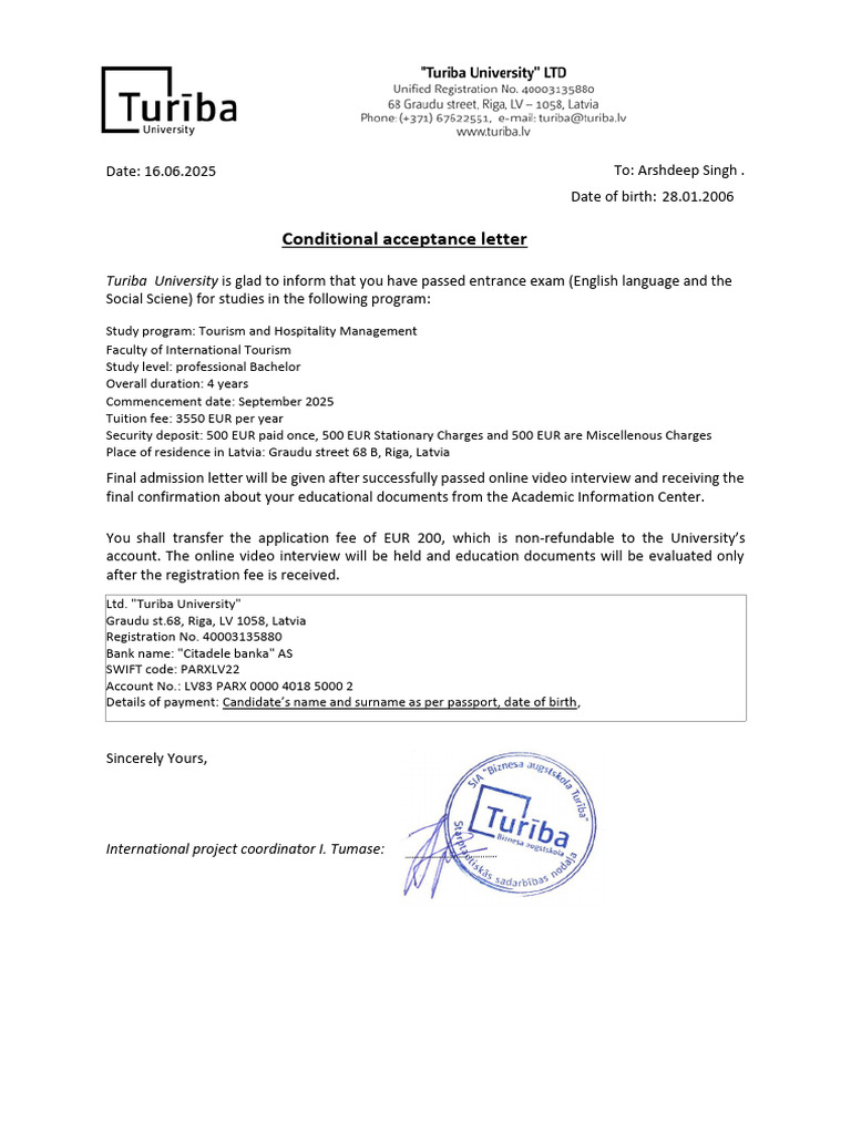 Conditional Acceptance for Tourism Program | PDF