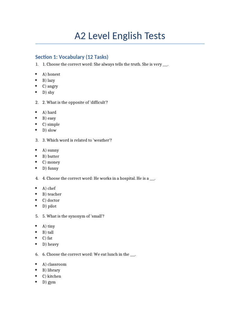 A2 Level English Tests Vocab Grammar | PDF | Linguistics | Grammar