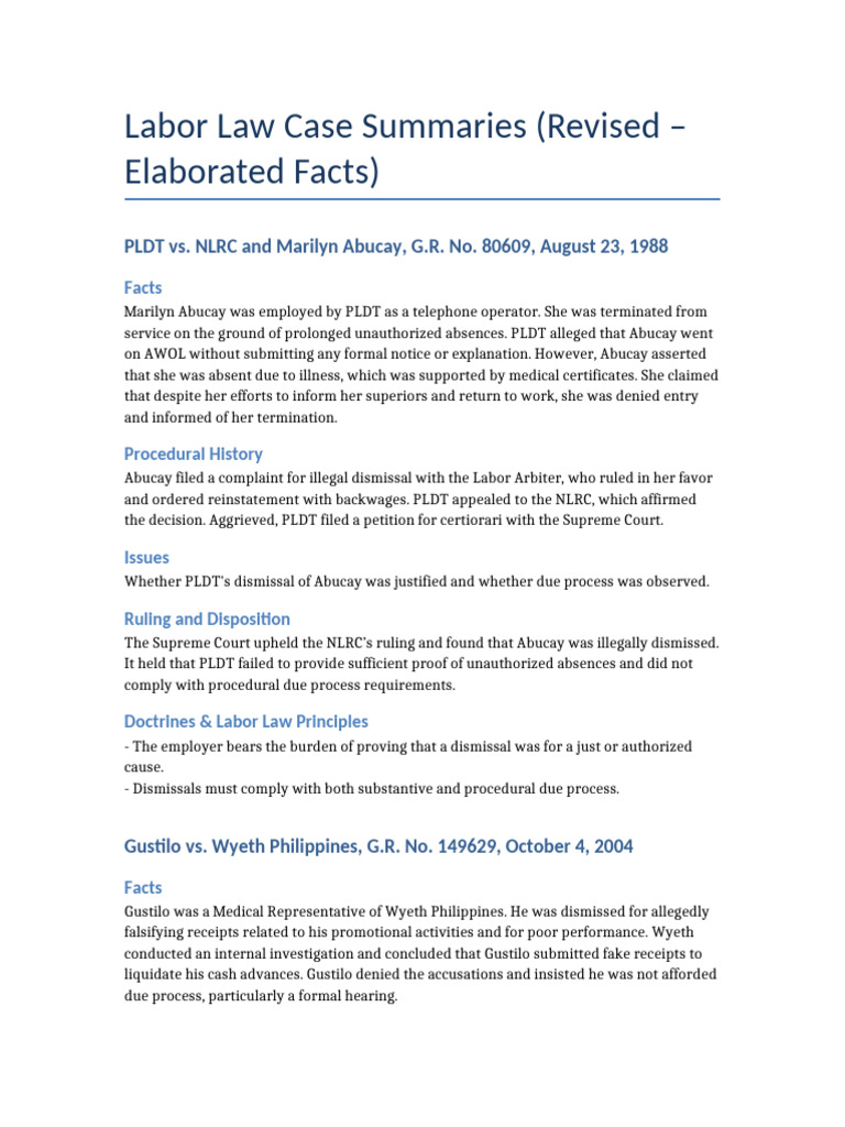 Labor Law Case Summaries: Dismissal Insights | PDF | Employment ...