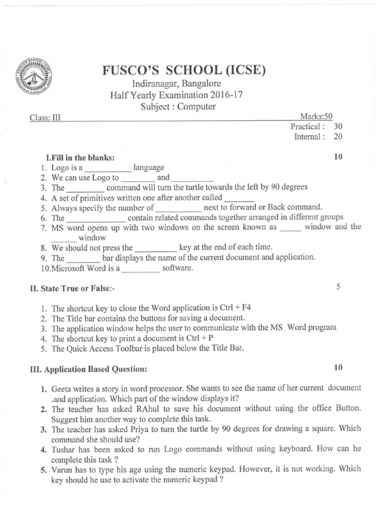 ICSE Class 3 Computer Half Yearly Model Exam | PDF