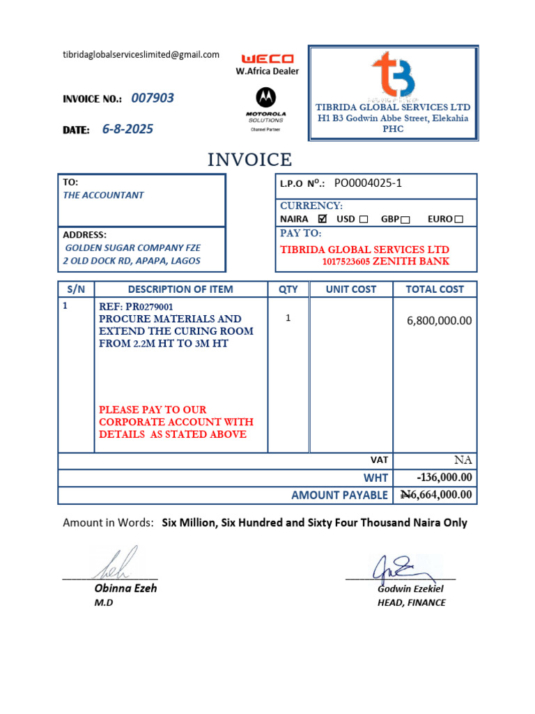 Invoice for Procurement Services - Tibrida Global | PDF