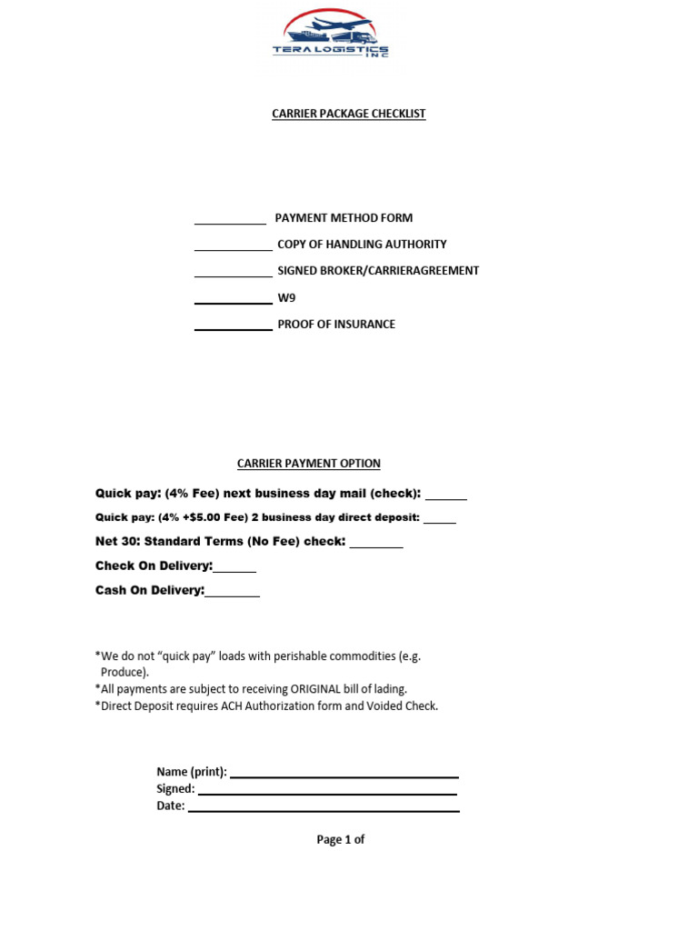 Tera Logistics - Carrier-Packet - Send To Carrier | PDF | Cargo | Insurance