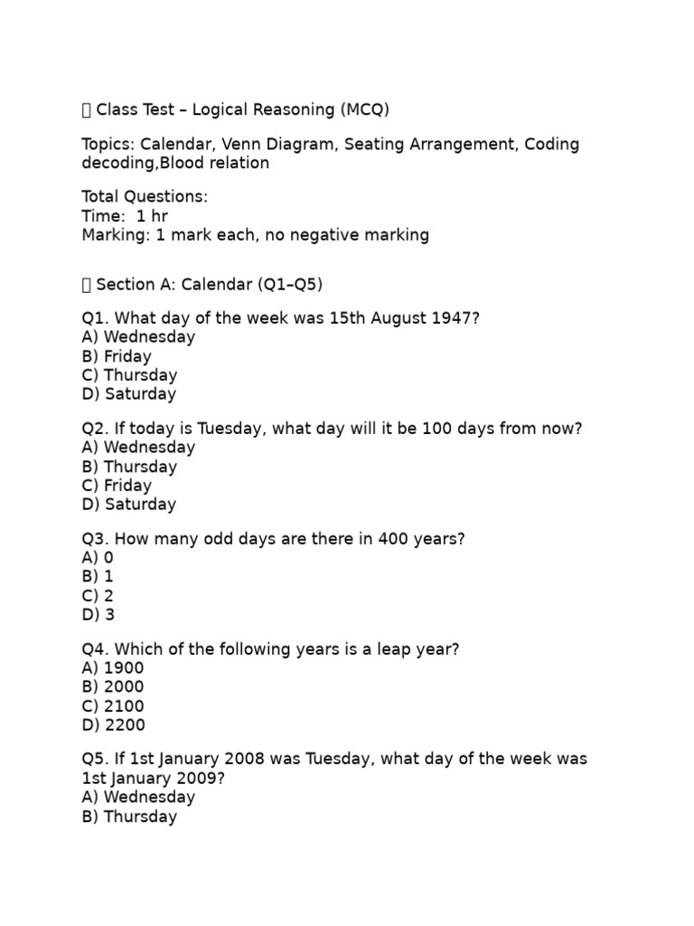 Logical Reasoning Class Test MCQs | PDF