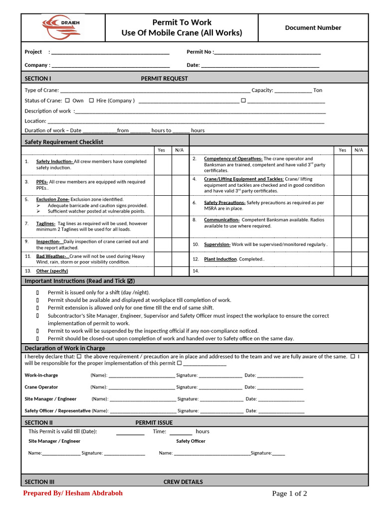 Mobile Crane Work Permit Template | PDF | Crane (Machine)