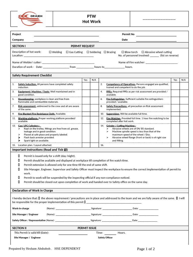 PTW Hot Work | PDF | Safety | Industrial Processes