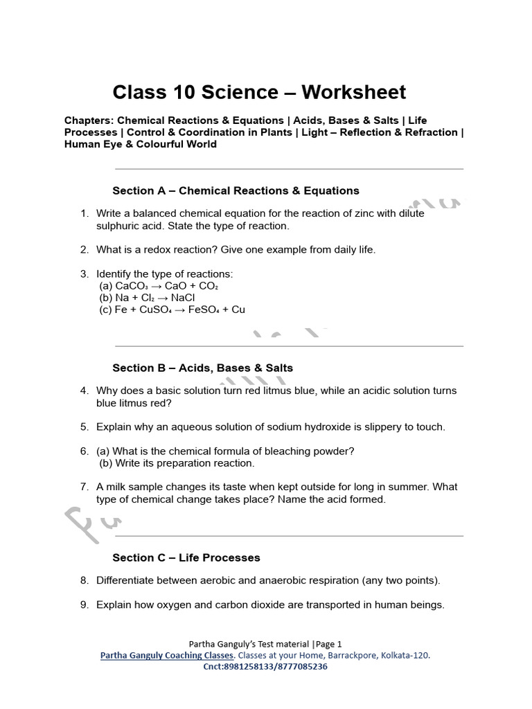 Class 10 Science Worksheet Guide | PDF | Eye | Chemistry