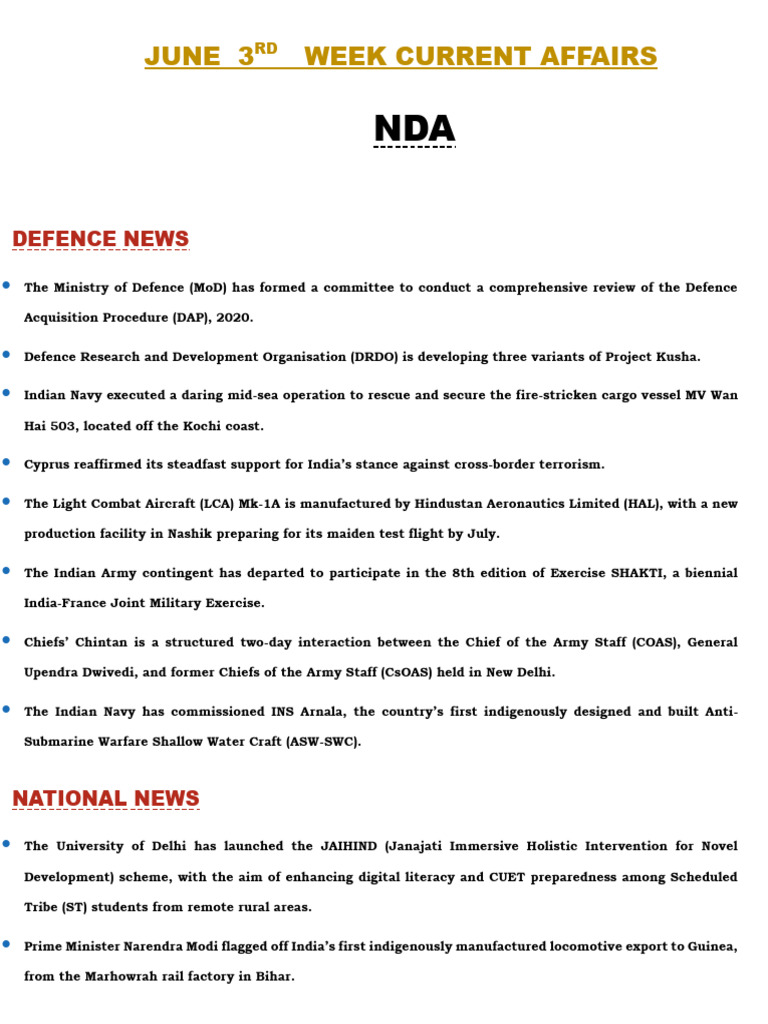 June 3rd Week Current Affairs - Nda (26!06!2025) | PDF | Government Of ...
