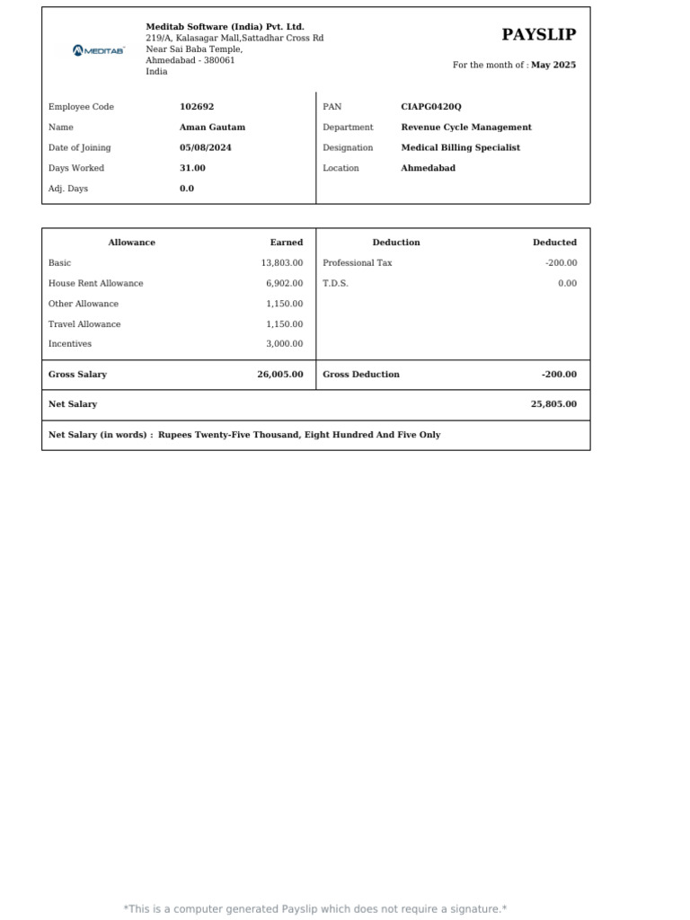 Payslips Medi Tab 102692202505 | PDF