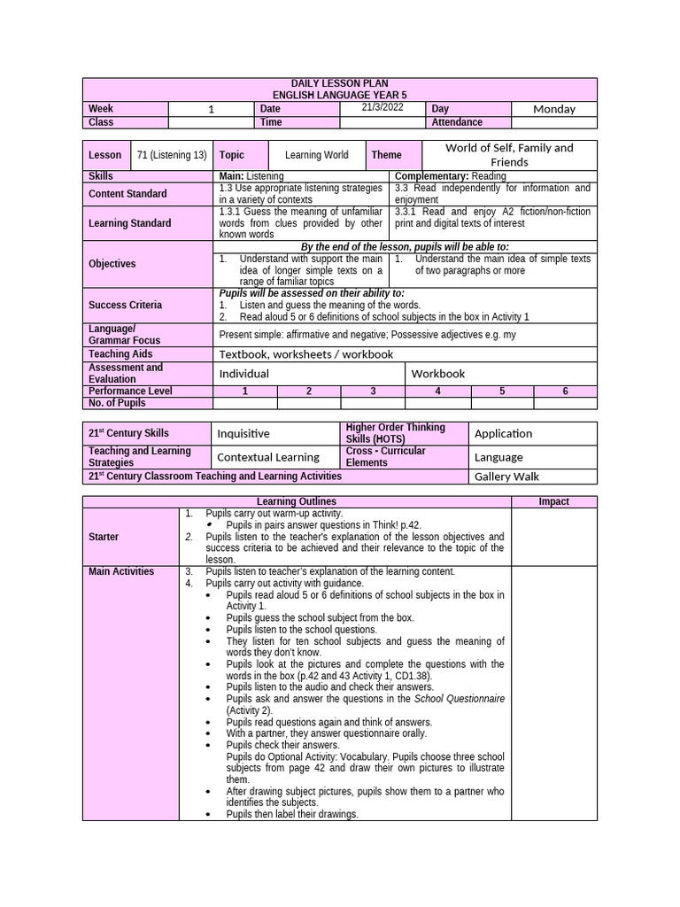 Year 5 English Lesson Plans: Listening & Speaking | PDF | Lesson Plan ...
